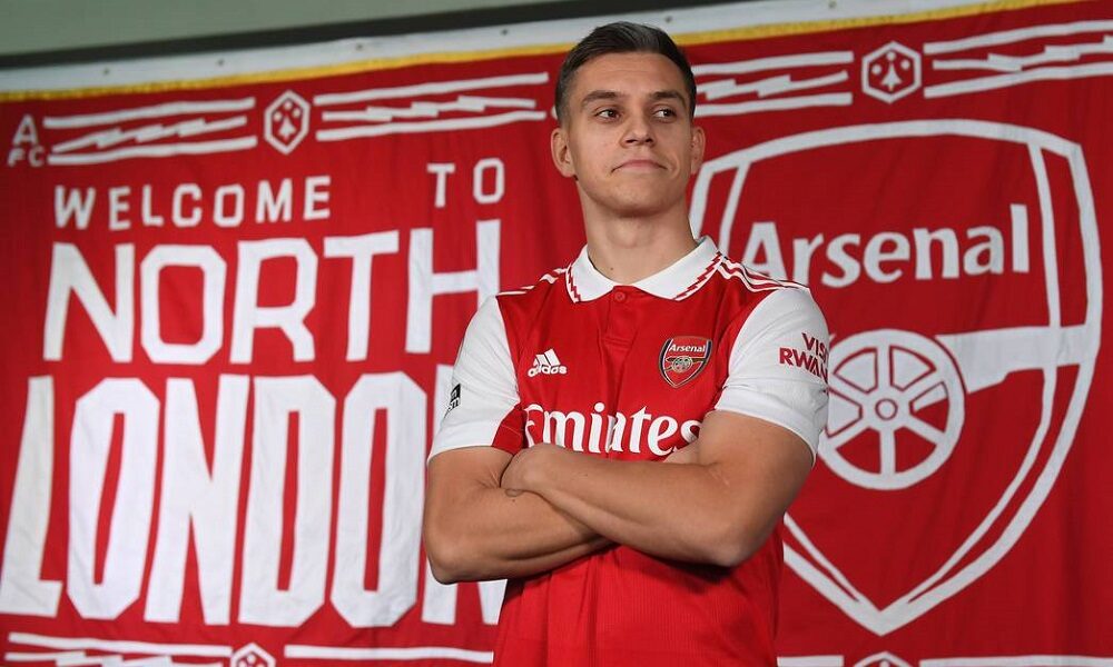 Leandro Trossard poses in Arsenal shirt after completing £21m move